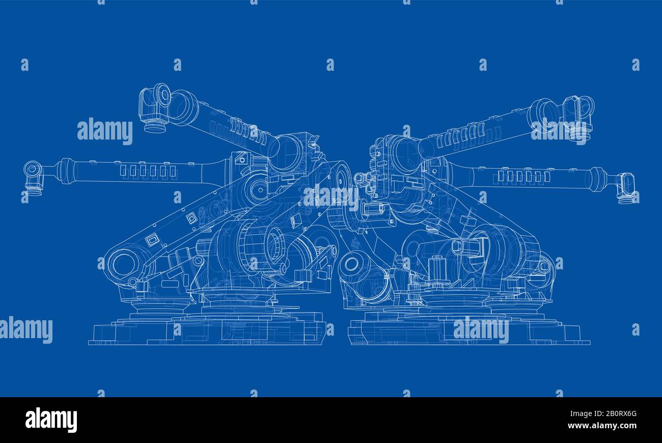A industral robots manipulators. Blueprint style. Vector rendering from ...