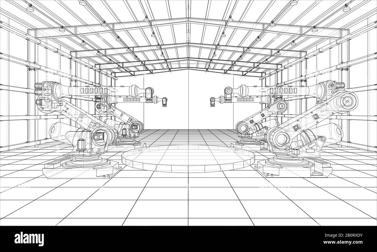 A plant with industral robots manipulators. Blueprint style. Vector ...