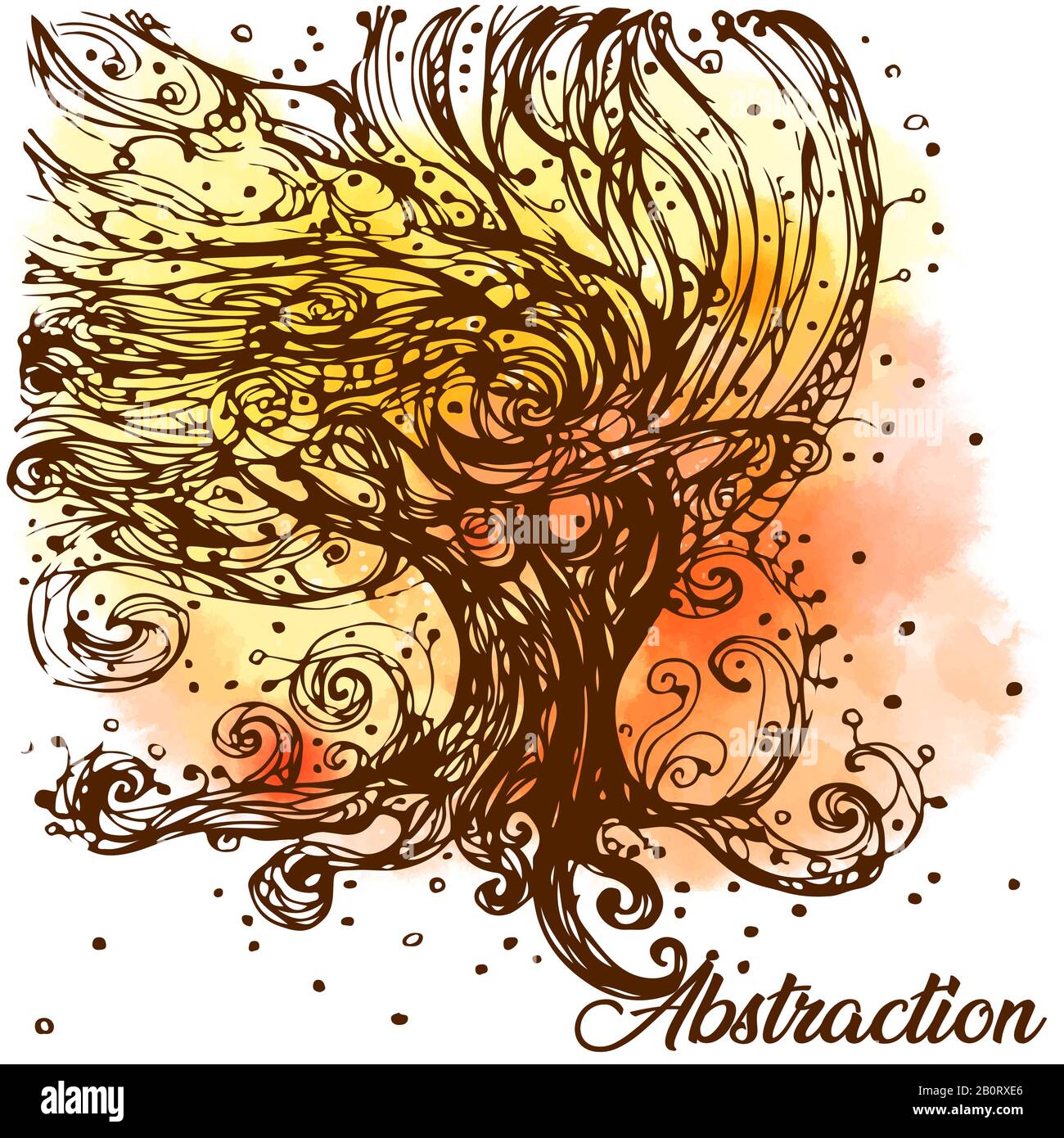 Decorative deciduous tree without foliage. Old papers with drawing tree ...