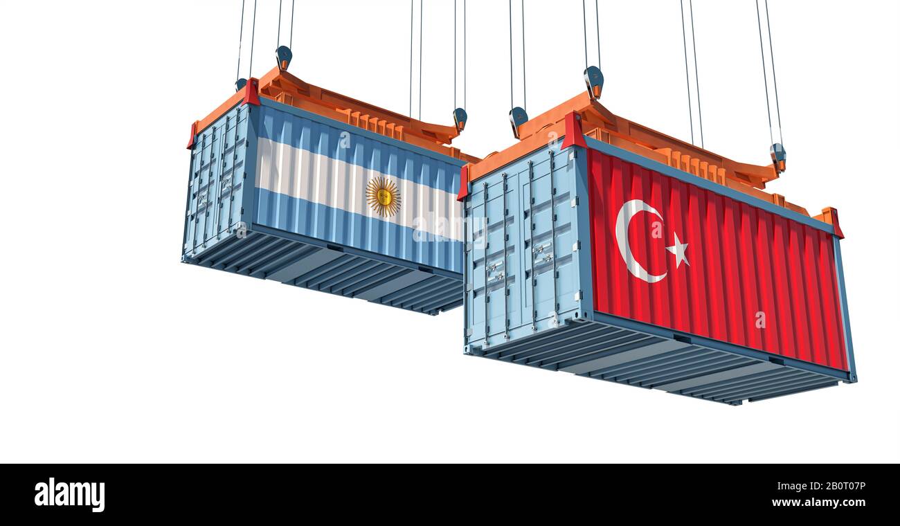 Freight container with Argentina and Turkey flag. Isolated on white for ...