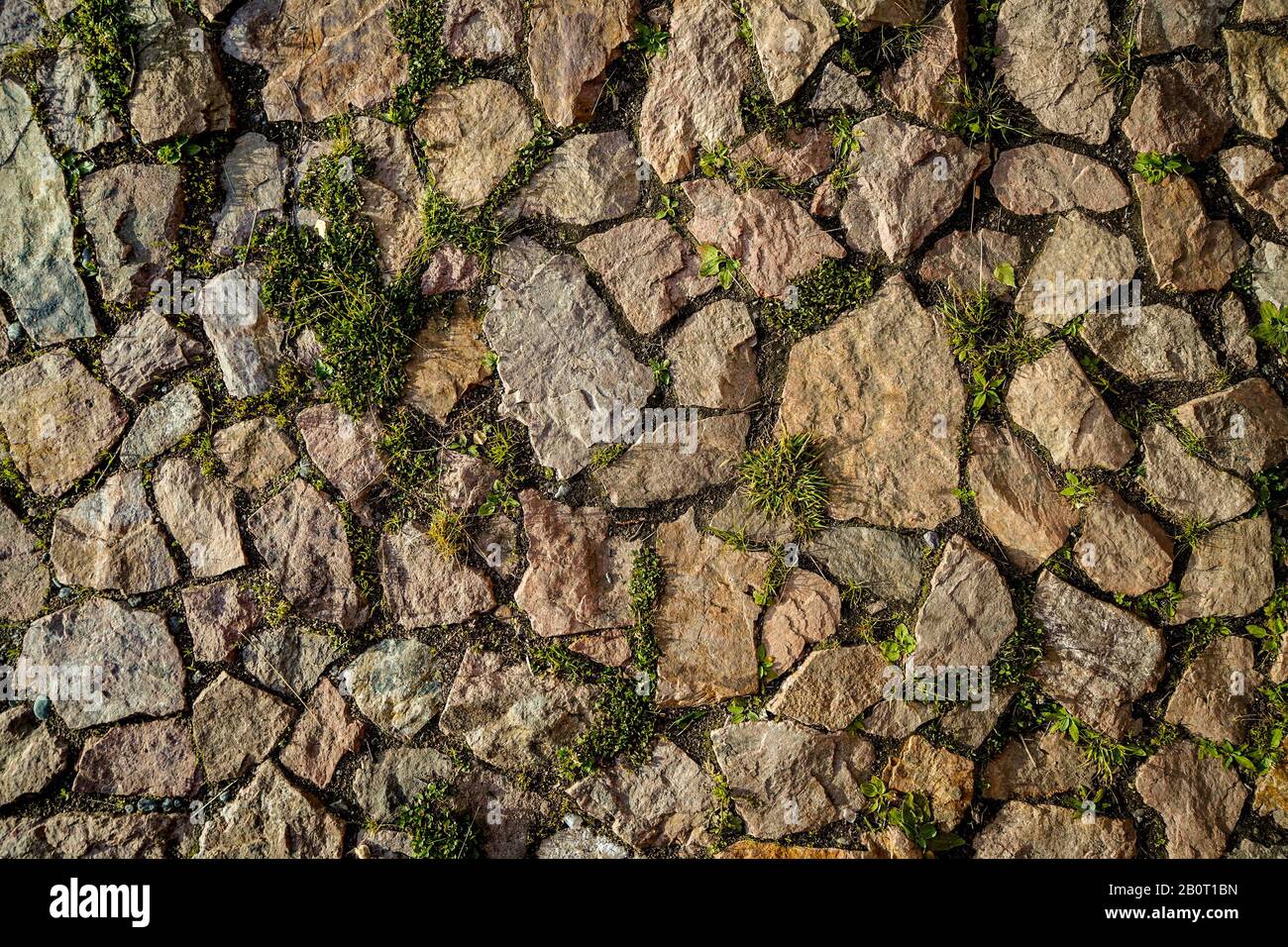 Natural brown stone pavement with small grass and plants between the ...