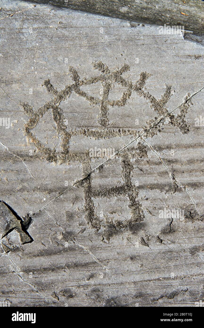 Petroglyph, rock carving, depicting houses built on poles . Carved by ...