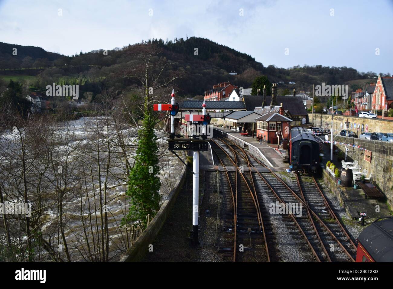 Llangollen period railway station alongside the river Dee Wales Stock ...