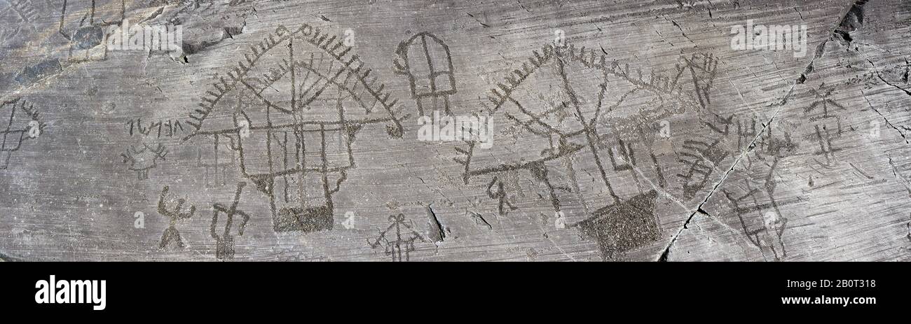 Petroglyph, rock carving, of two feet outlines. Carved by the ancient ...