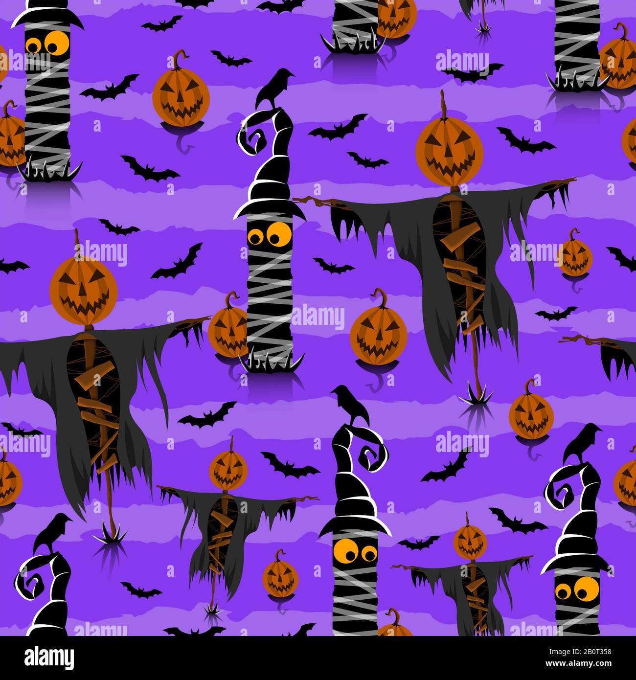 Seamless Halloween Pattern with Pumpkins and Bats on purple background ...