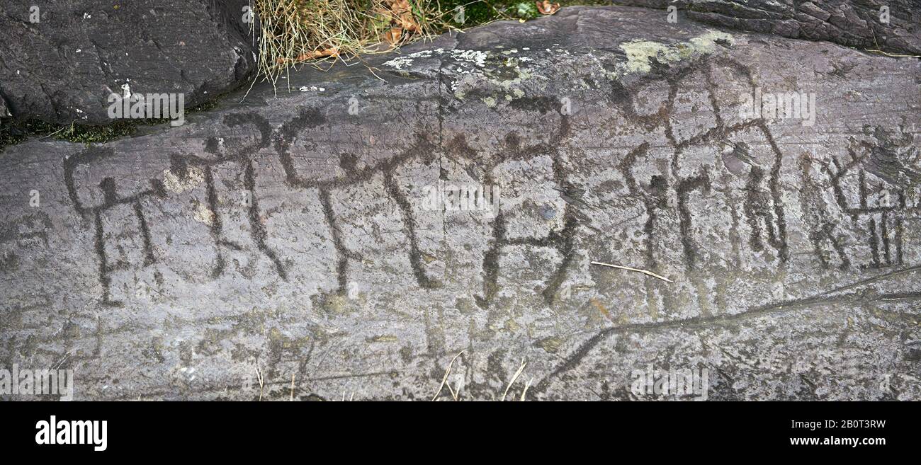Prehistoric Petroglyph, rock carving, of schematic human figures ...