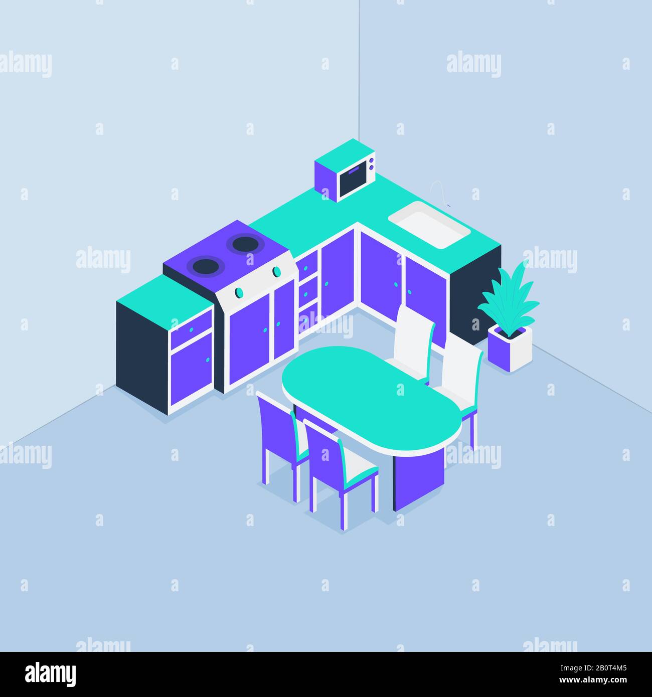 kitchen set in home or apartment with dinner table with isometric style ...