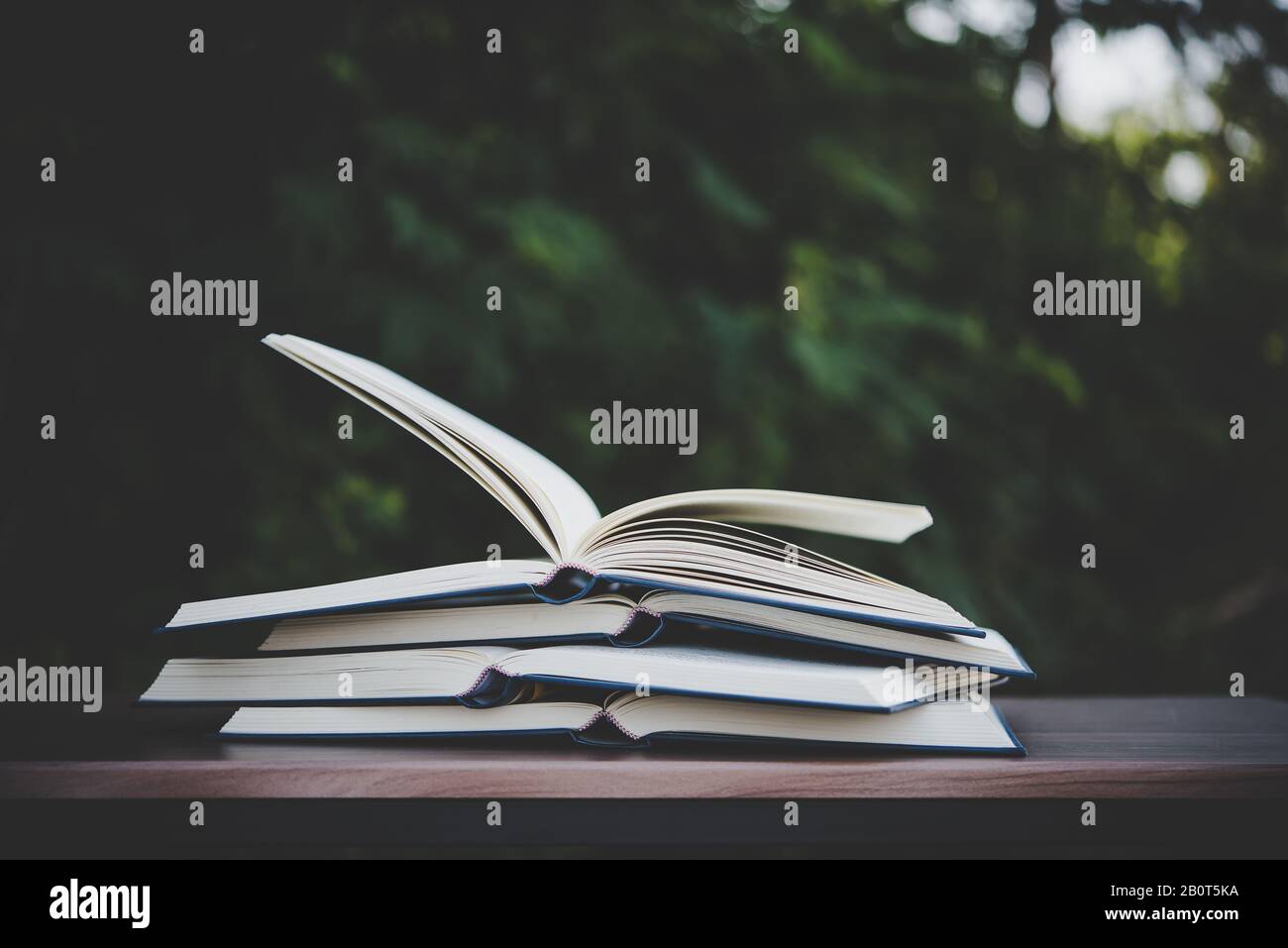 Open book on wooden table outdoors Stock Photo - Alamy