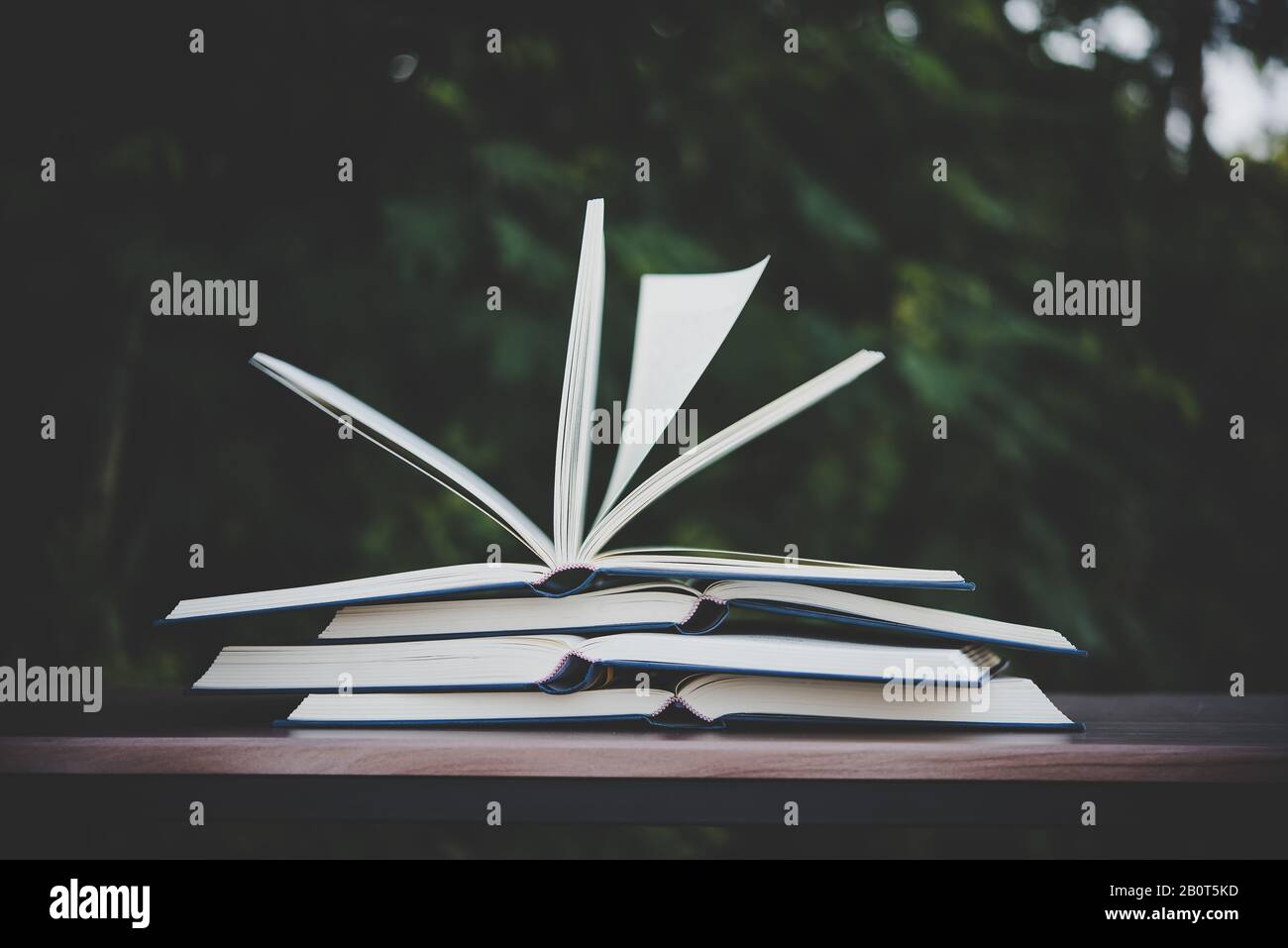 Open book on wooden table outdoors Stock Photo - Alamy