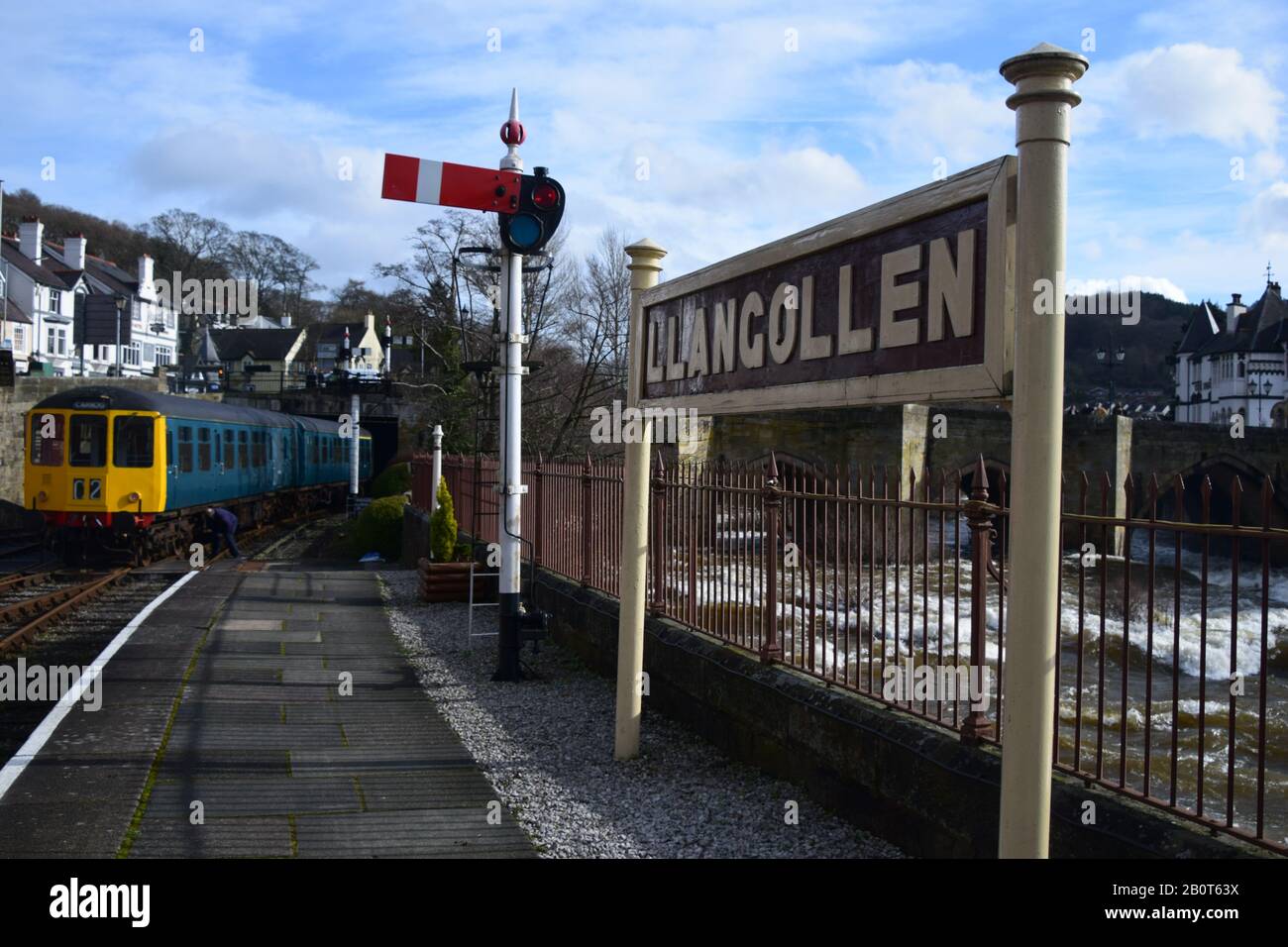 Llangollen period railway station alongside the river Dee Wales Stock ...