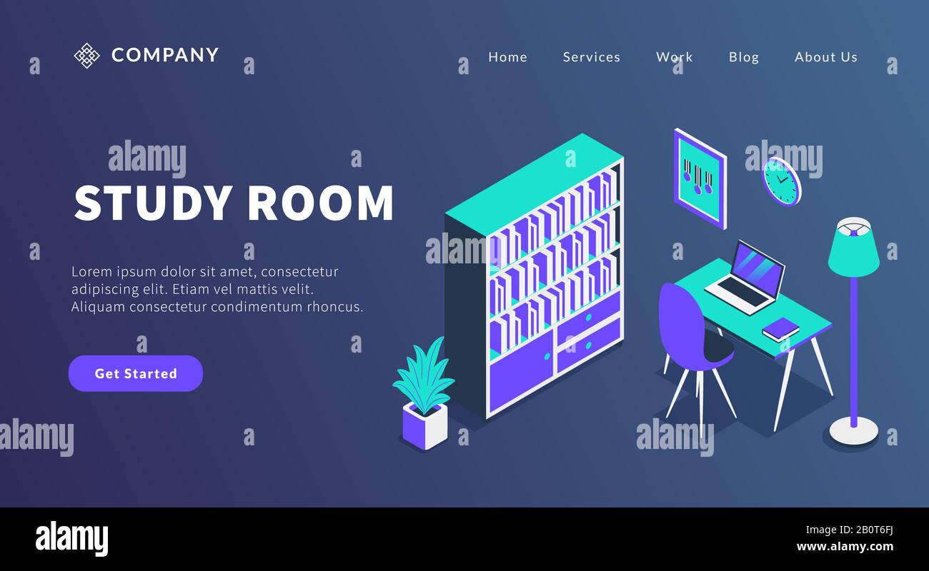 study room concept with book shelf and table workspace laptop computer ...