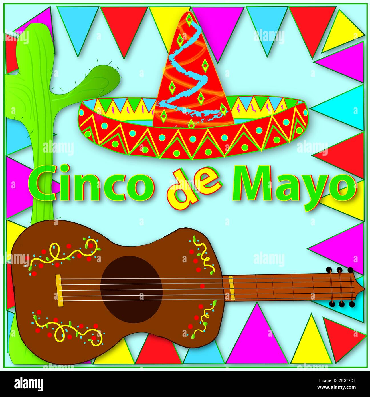 Cinco de Mayo Graphic Poster with Cacti, Guitar, and Sombrero. Colorful ...