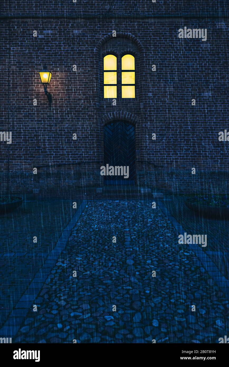 Old church with illuminated window and lantern at dusk Stock Photo - Alamy