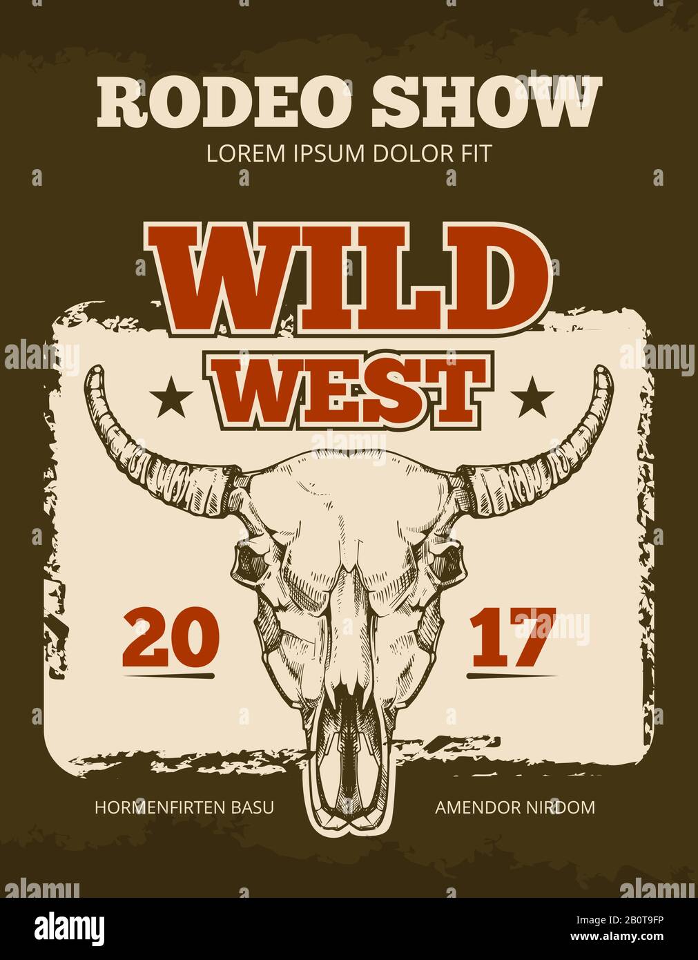 Vintage cowboy rodeo show event vector poster with wild bull skull ...