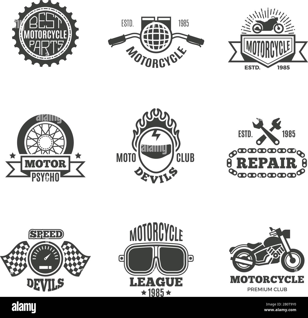 Race, motorcycle, motorbike repair vector retro labels, logo, badges ...