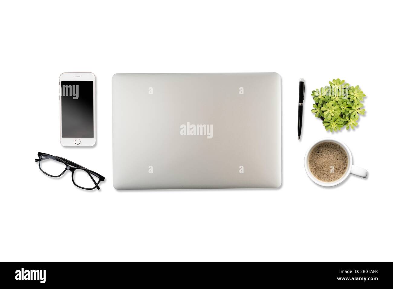 White office desk table with a lot of things on it. Top view Stock ...