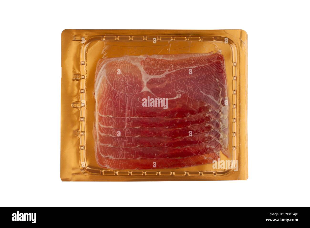 top view of expensive slices of smoked pork loin ham in transparent ...