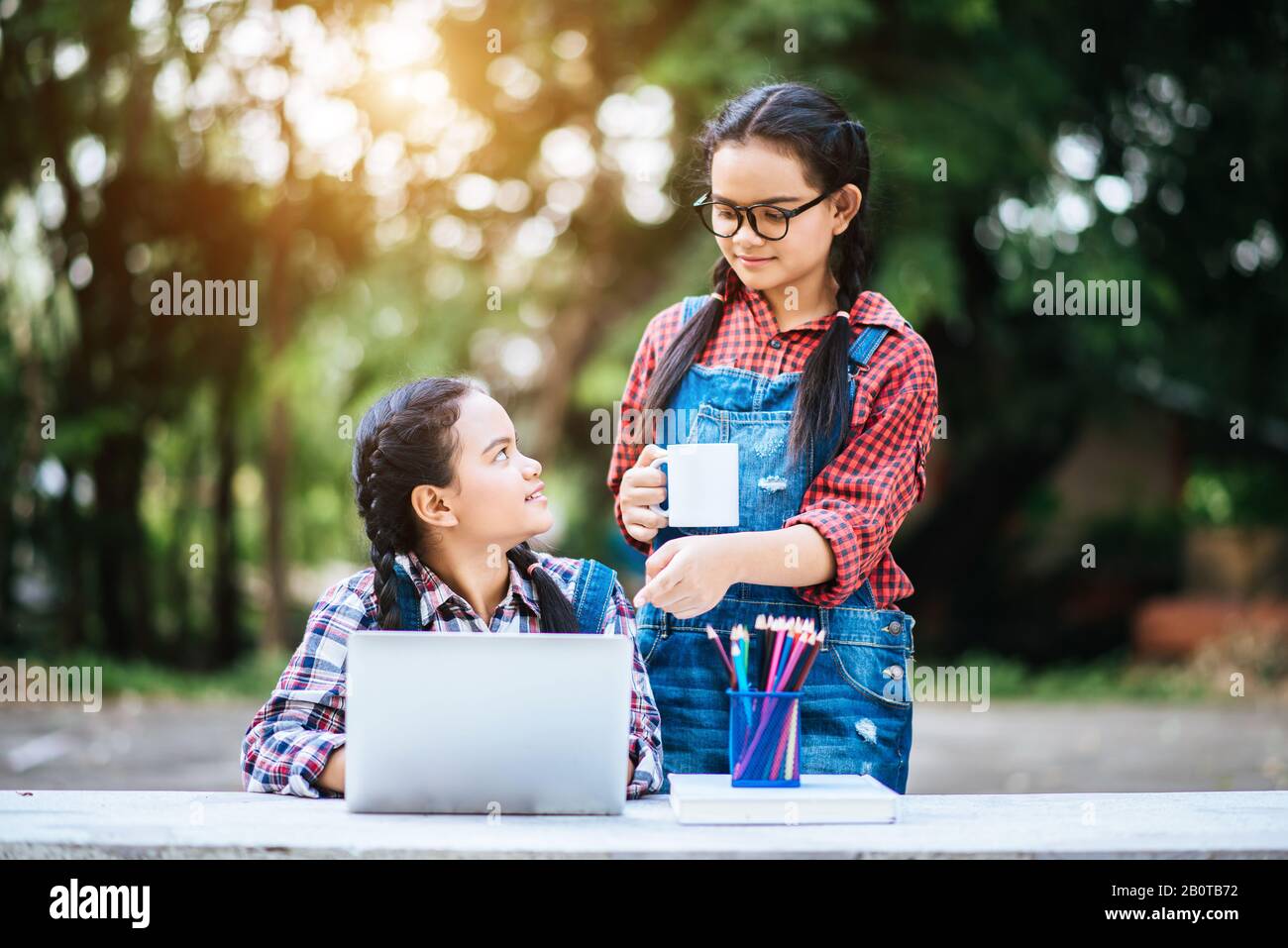 Two students studying together online with a laptop in the park Stock ...