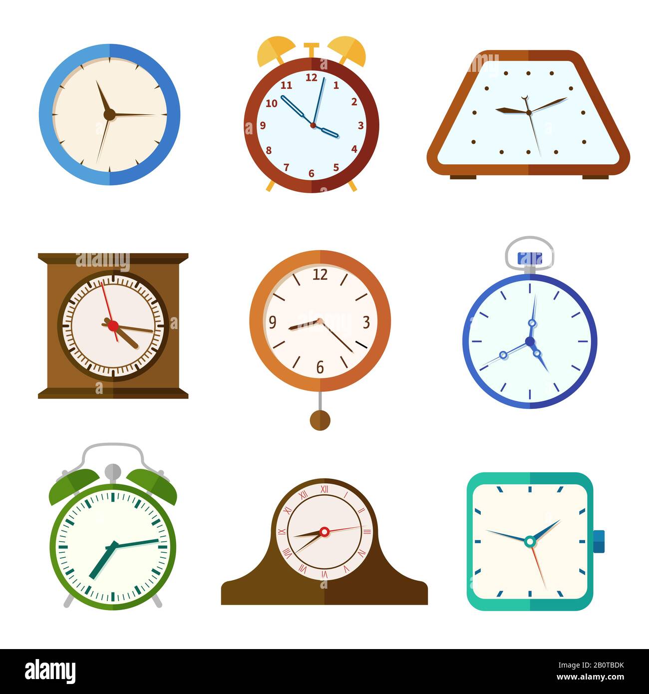 Wall clock and alarm clocks, time vector flat icons. Set of different ... Wall clock and alarm clocks, time vector flat icons. Set of different ...