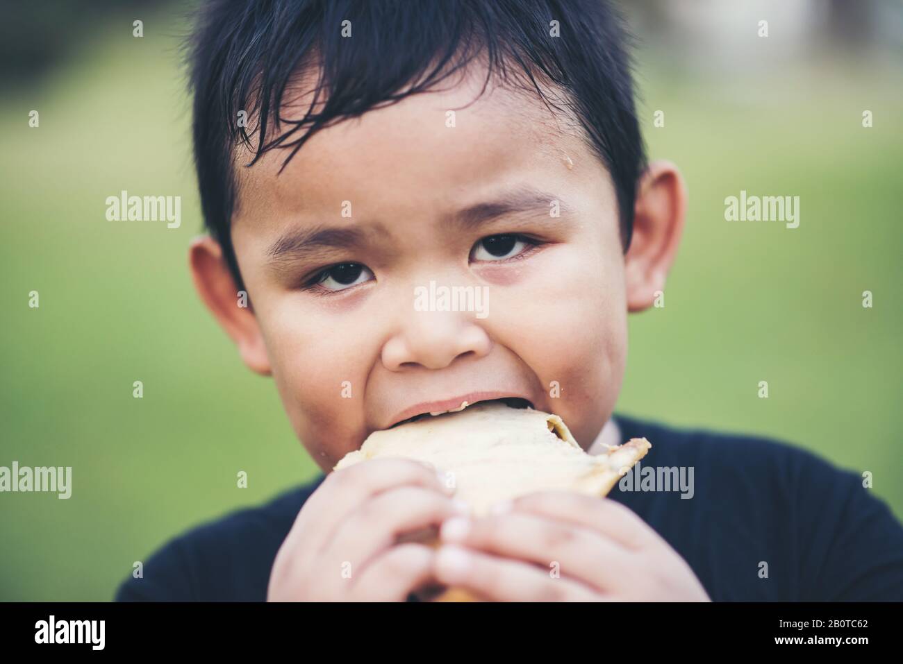 Little boy eating food fresh bread roll sandwich Stock Photo - Alamy