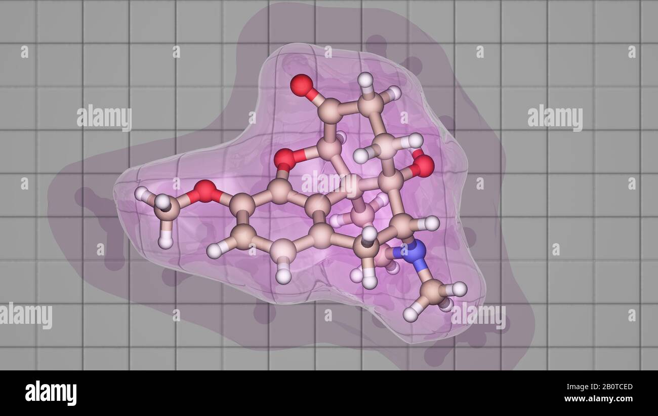 Oxycodone molecule 3d rendering . Ball and stick representation with ...