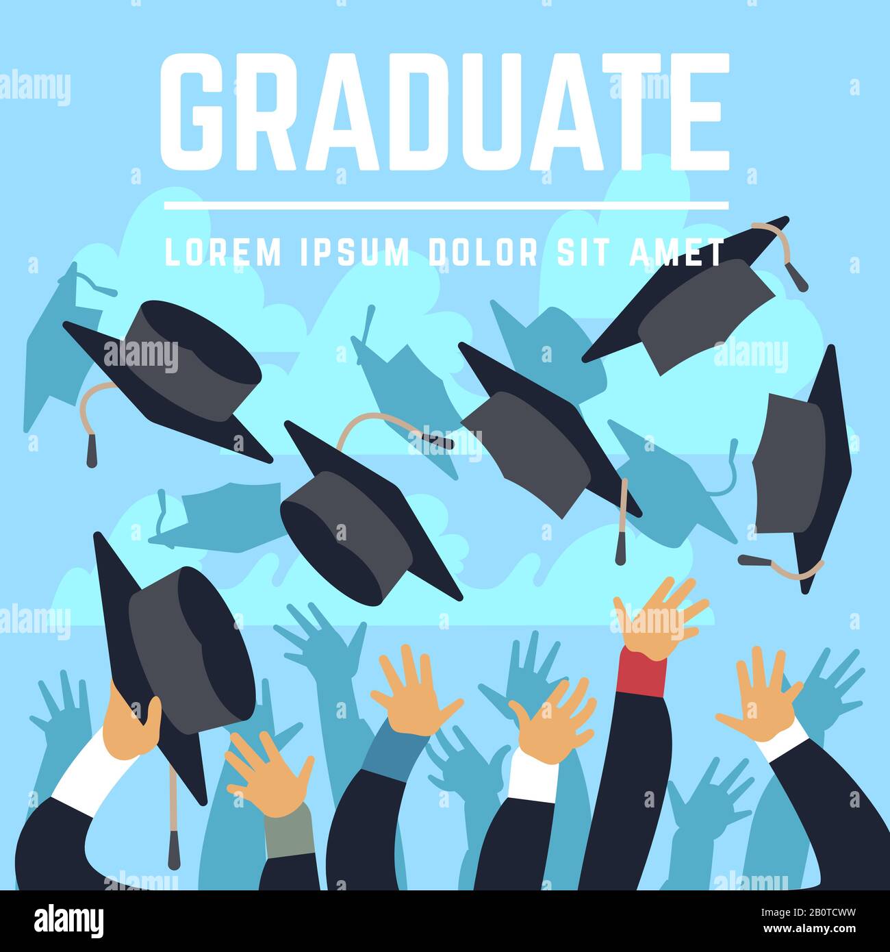 High school graduating students throw black graduation caps up in sky ...