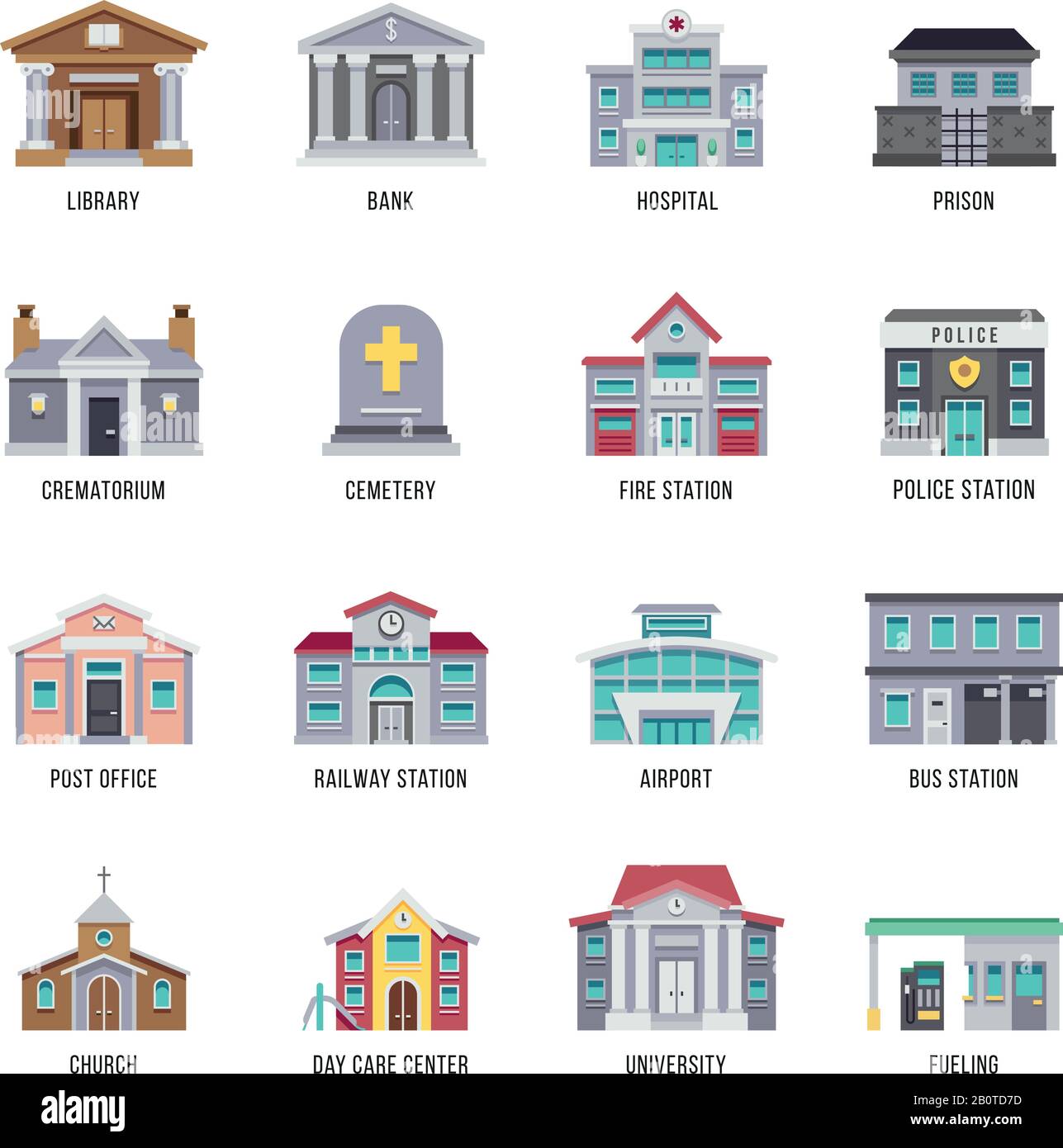 Municipal city buildings library, bank, hospital, prison vector icon ...