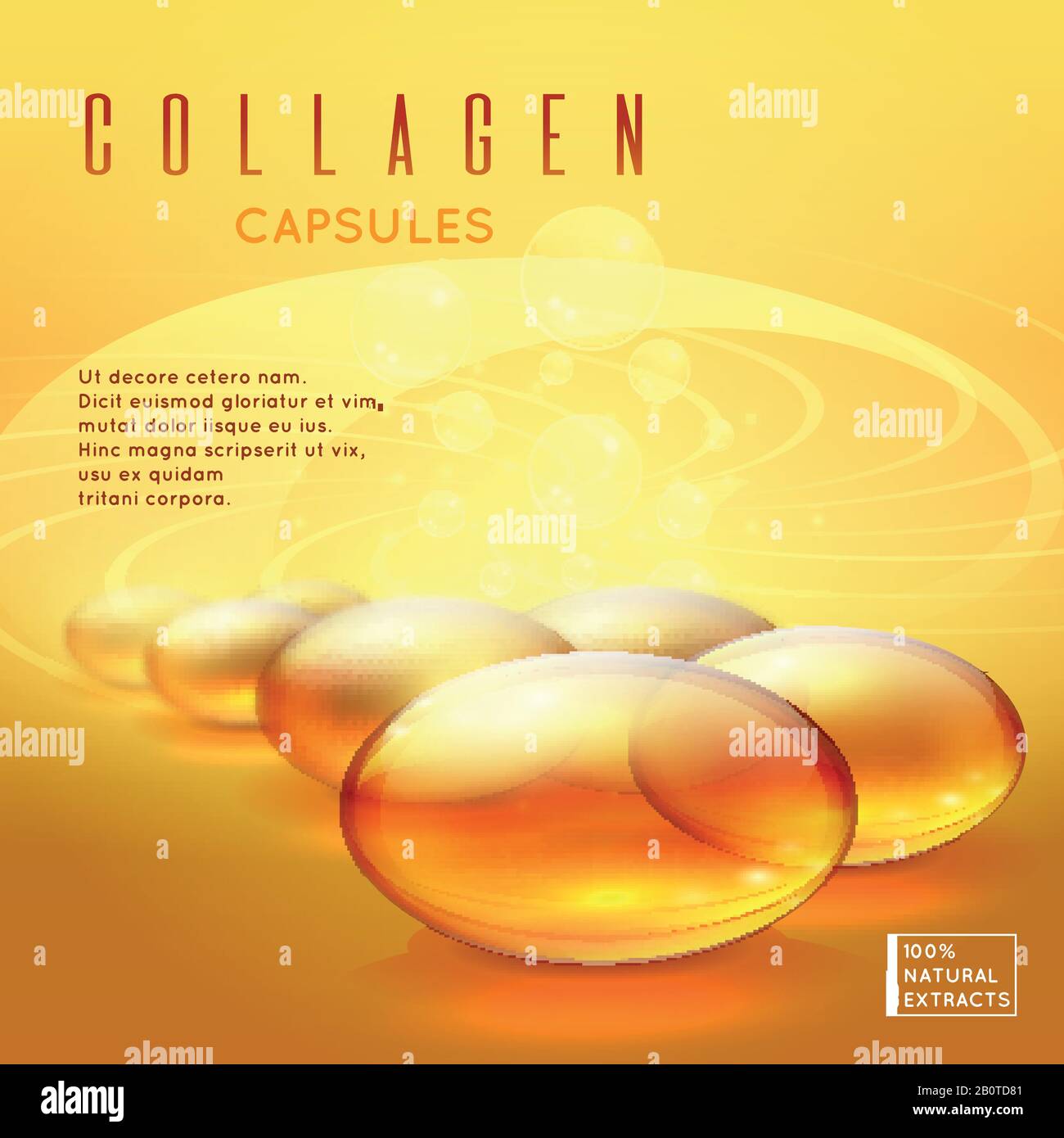 Gold pill vitamins, gold gel collagen capsule vector background for ...