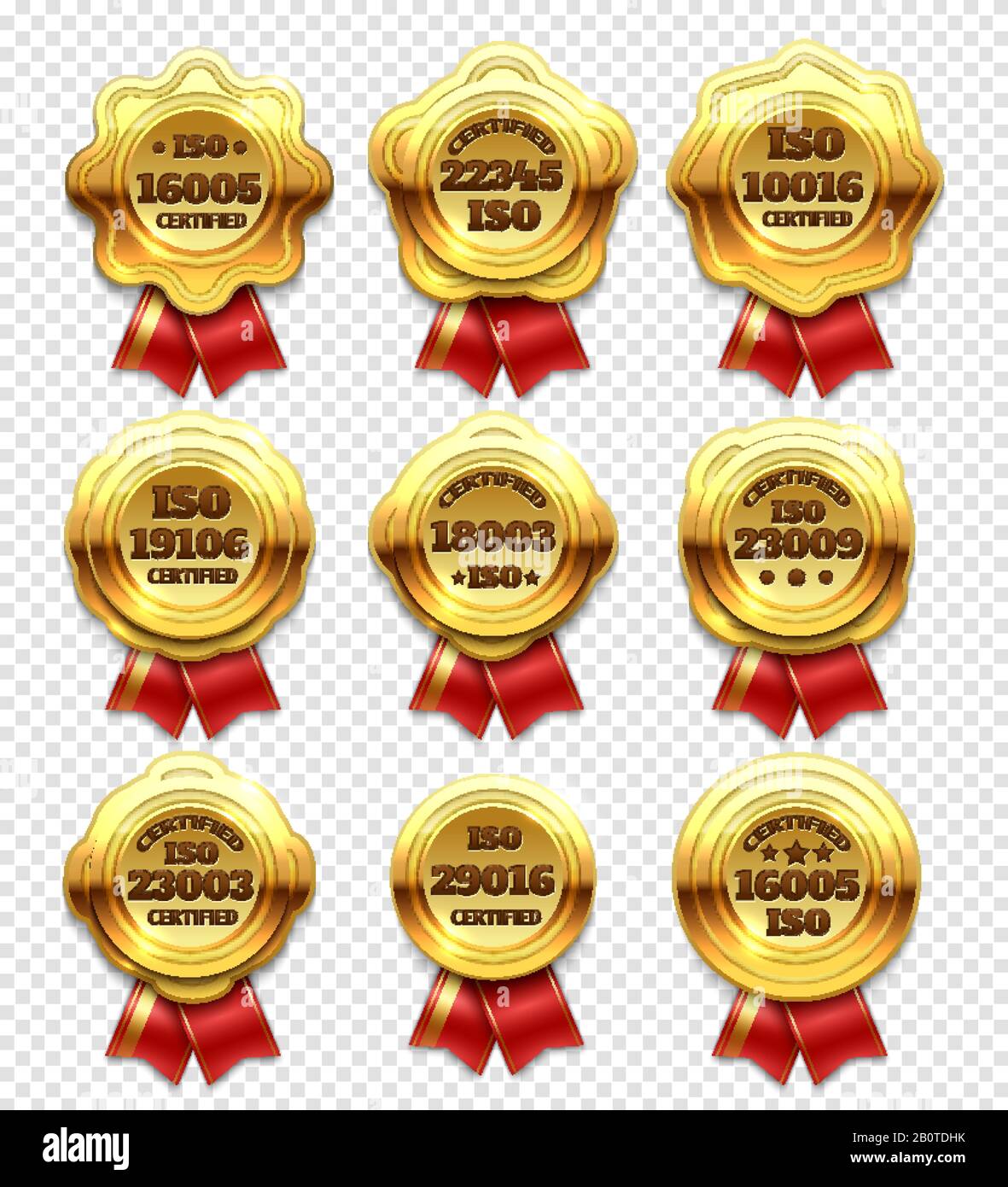 Golden certified rosettes, gold verify tokens and guarantee seals ...
