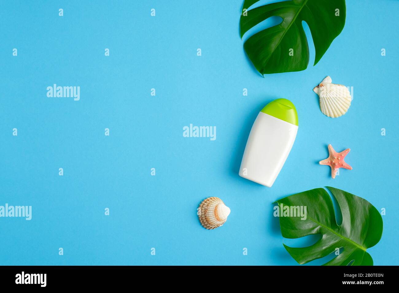 Sunscreen lotion bottle on blue background with tropical leaves and ...