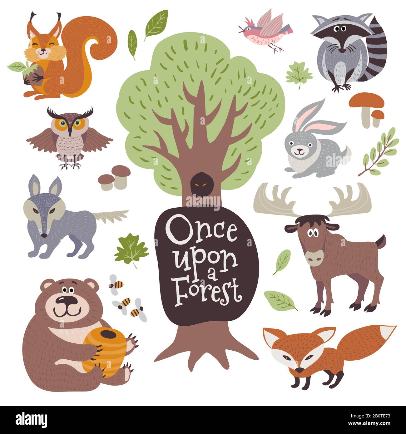 Cute cartoon and wild woodland animals and forest floral elements ...