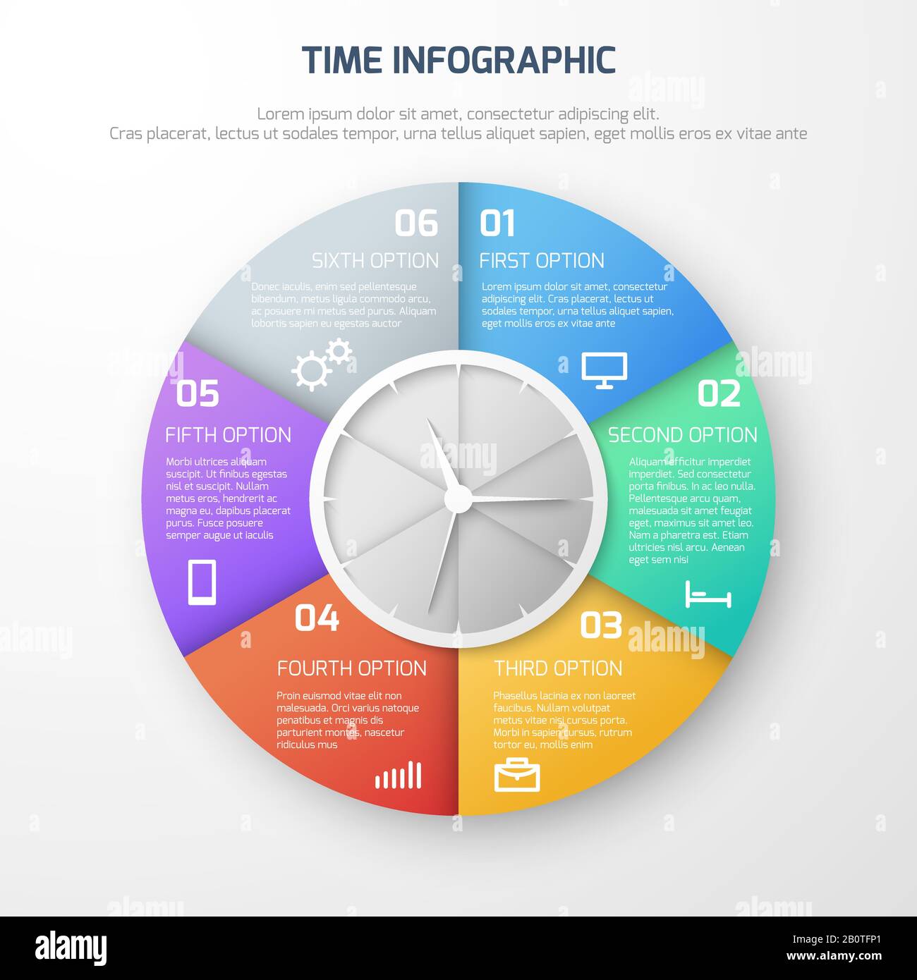 Time schedule vector infographic with clock and watch steps. Round ...