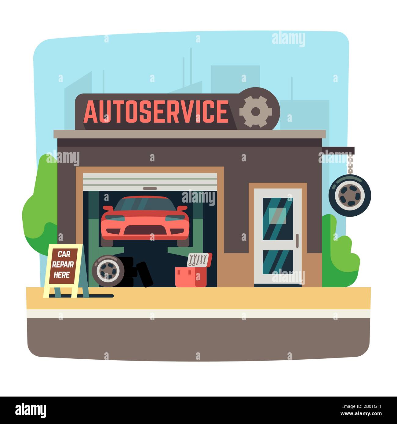 Car repair mechanic shop with automobile inside auto garage vector ...