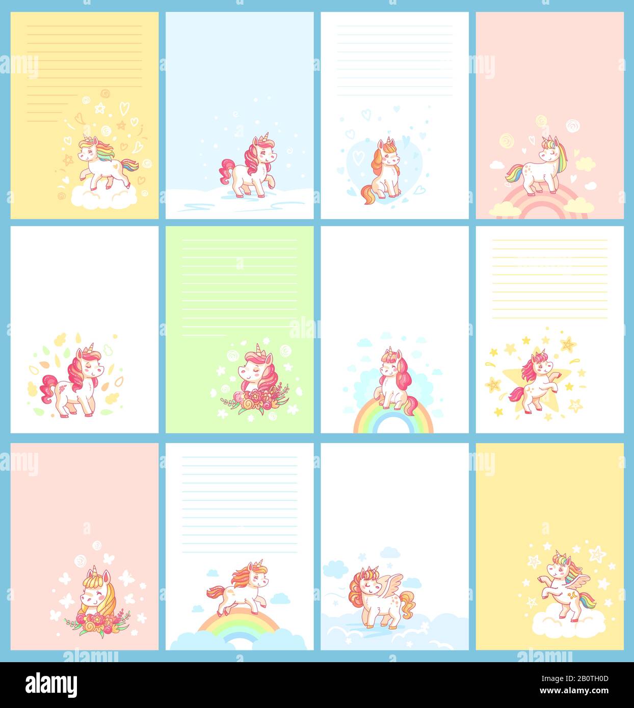 Magic cute unicorn cartoon template for birthday calendar, girl journal ...