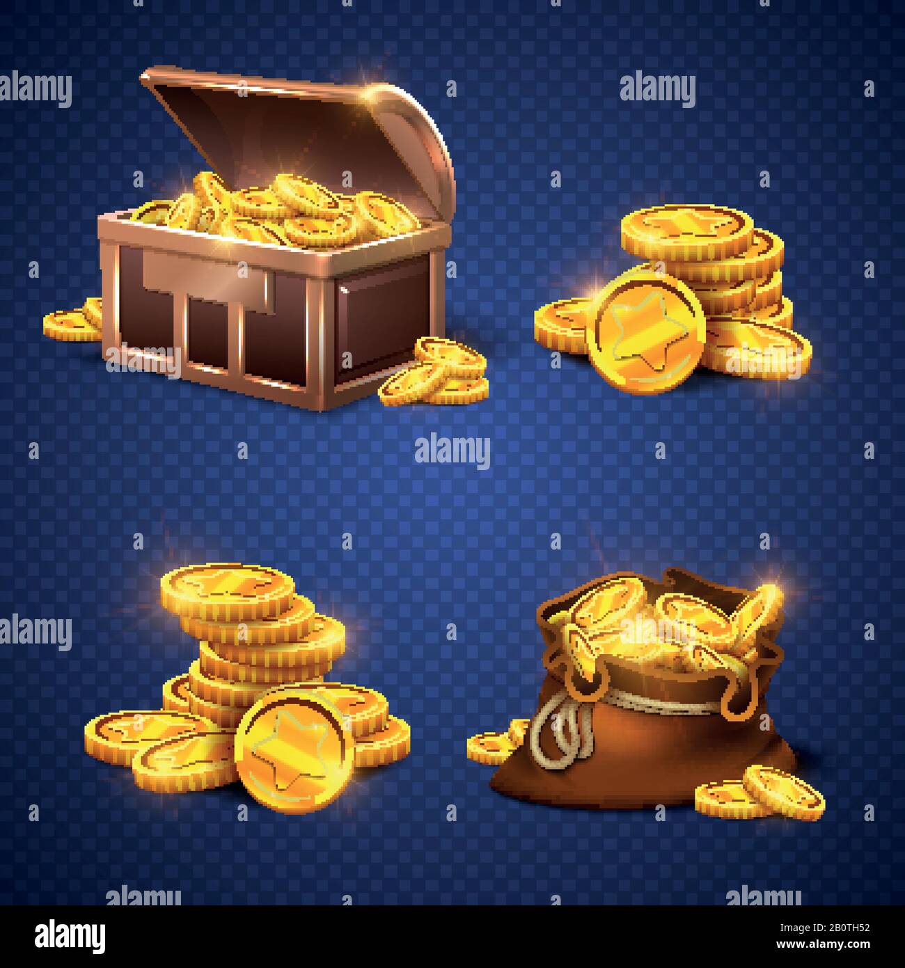 Wooden chest and big old bag with gold coins, money stack isolated ...