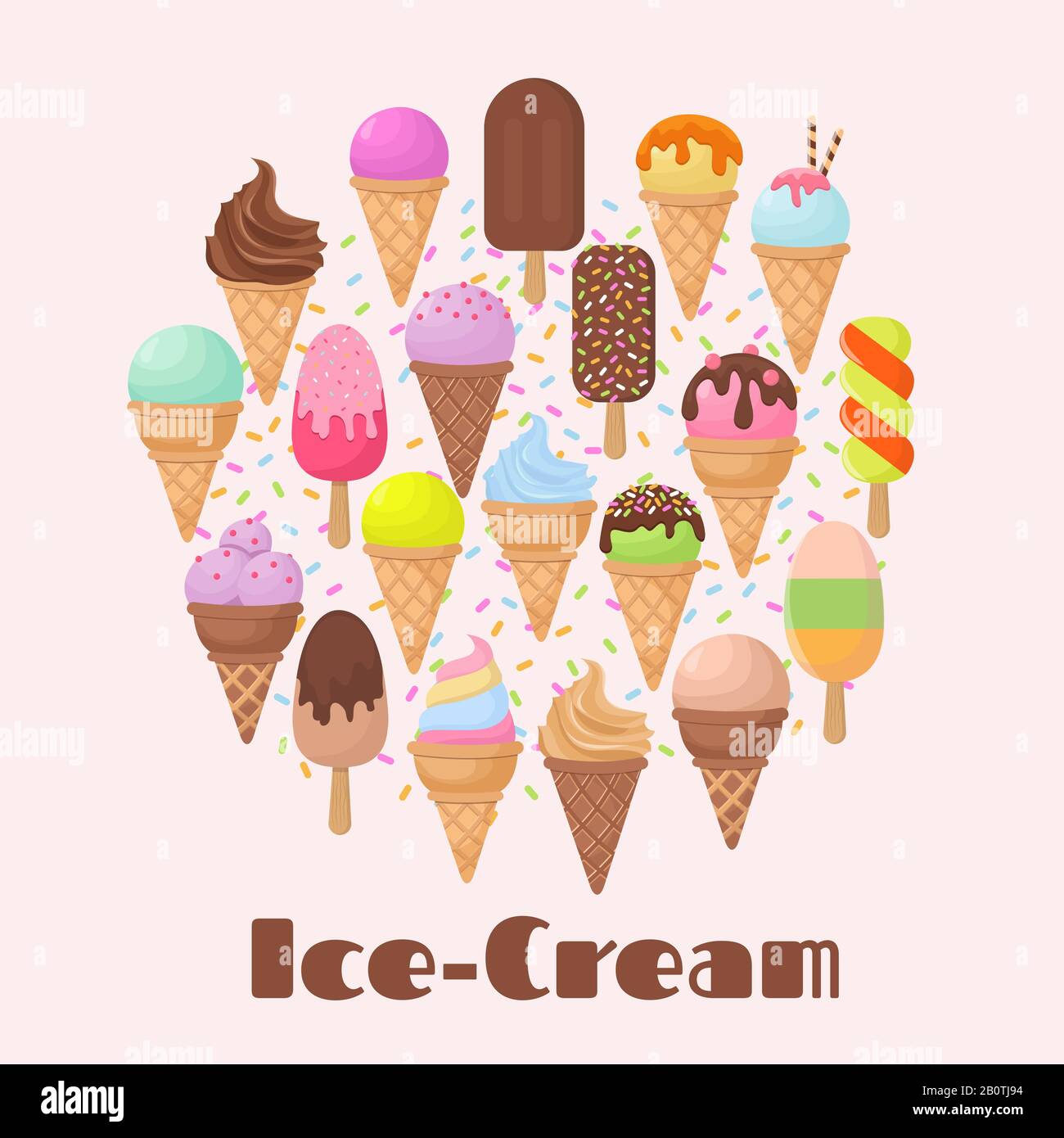 Cartoon ice cream summer dessert vector icons. Food dessert chocolate ...