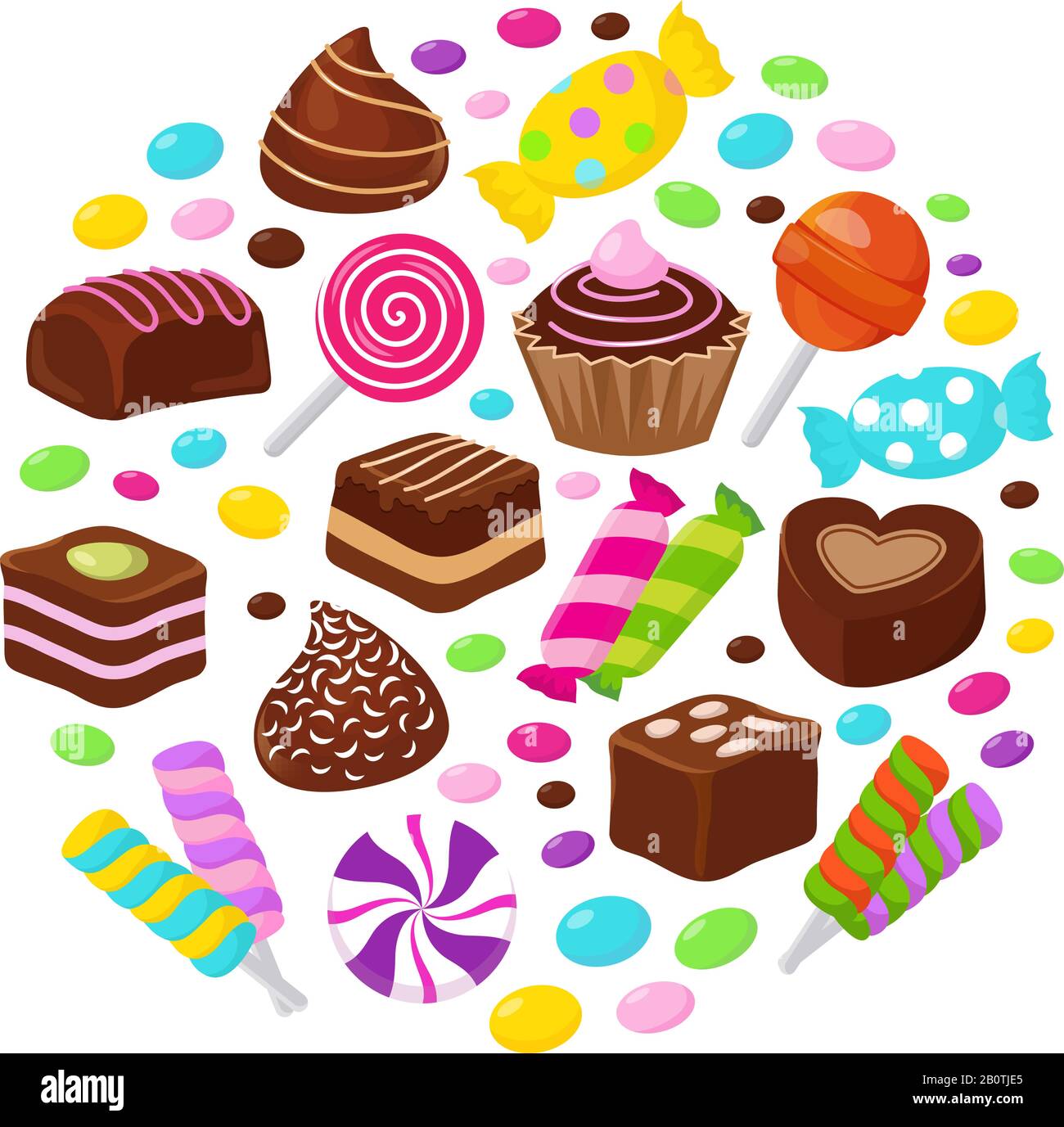 Colourful fruit candies and chocolate sweets flat icons in circle ...