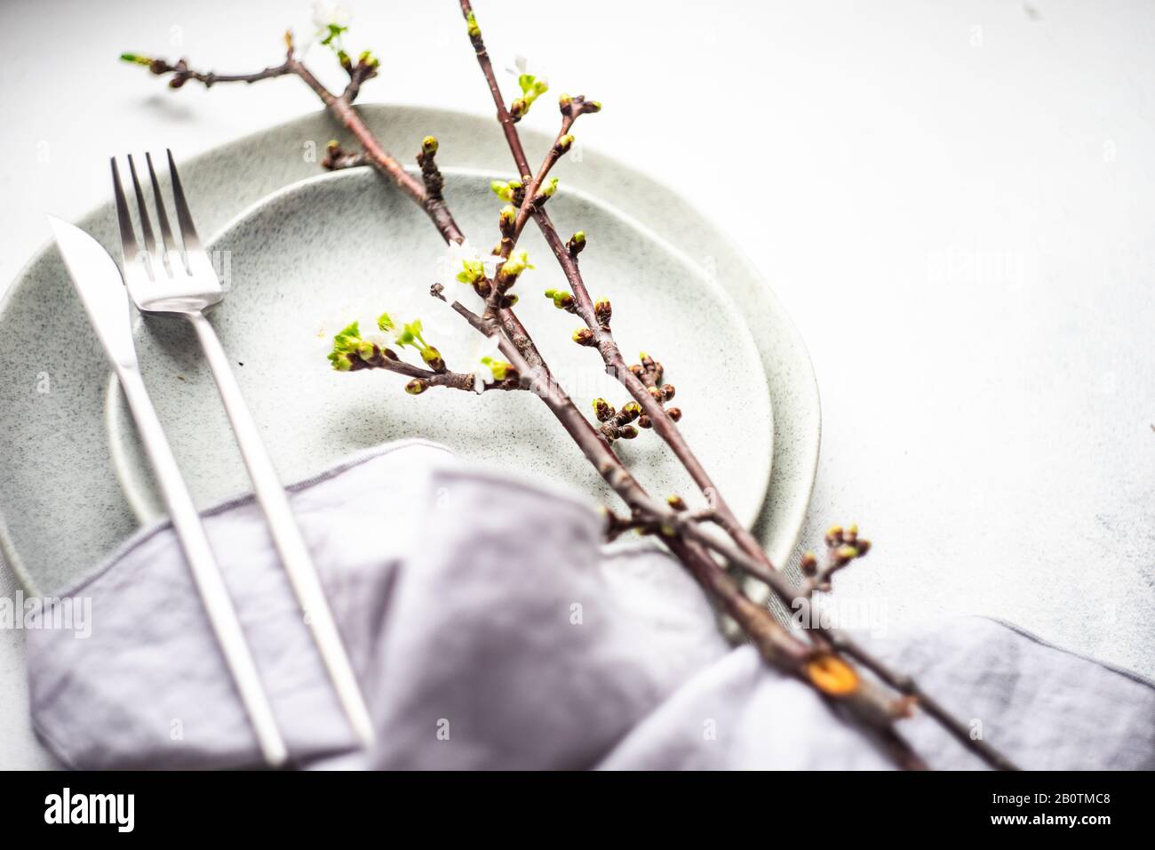 Spring table setting with cutlery and blooming cherry branch on rustic ...