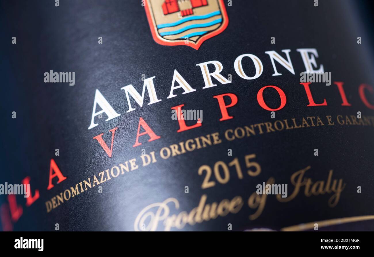 Amarone della Valpolicella wine bottle label, Italy. Credit: Malcolm ...
