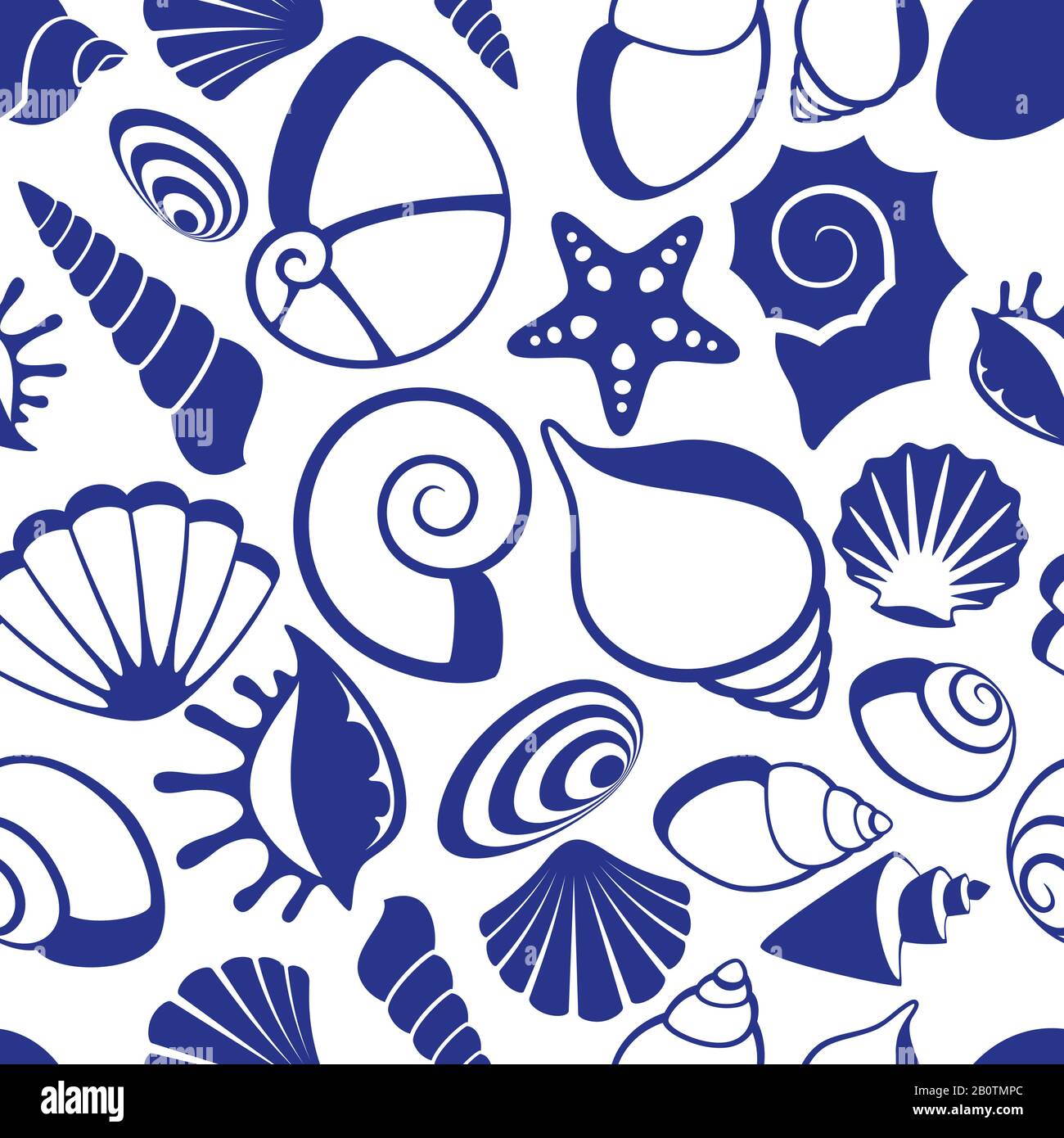 Marine seamless vector pattern with sea shells. Seashell spiral drawing ...