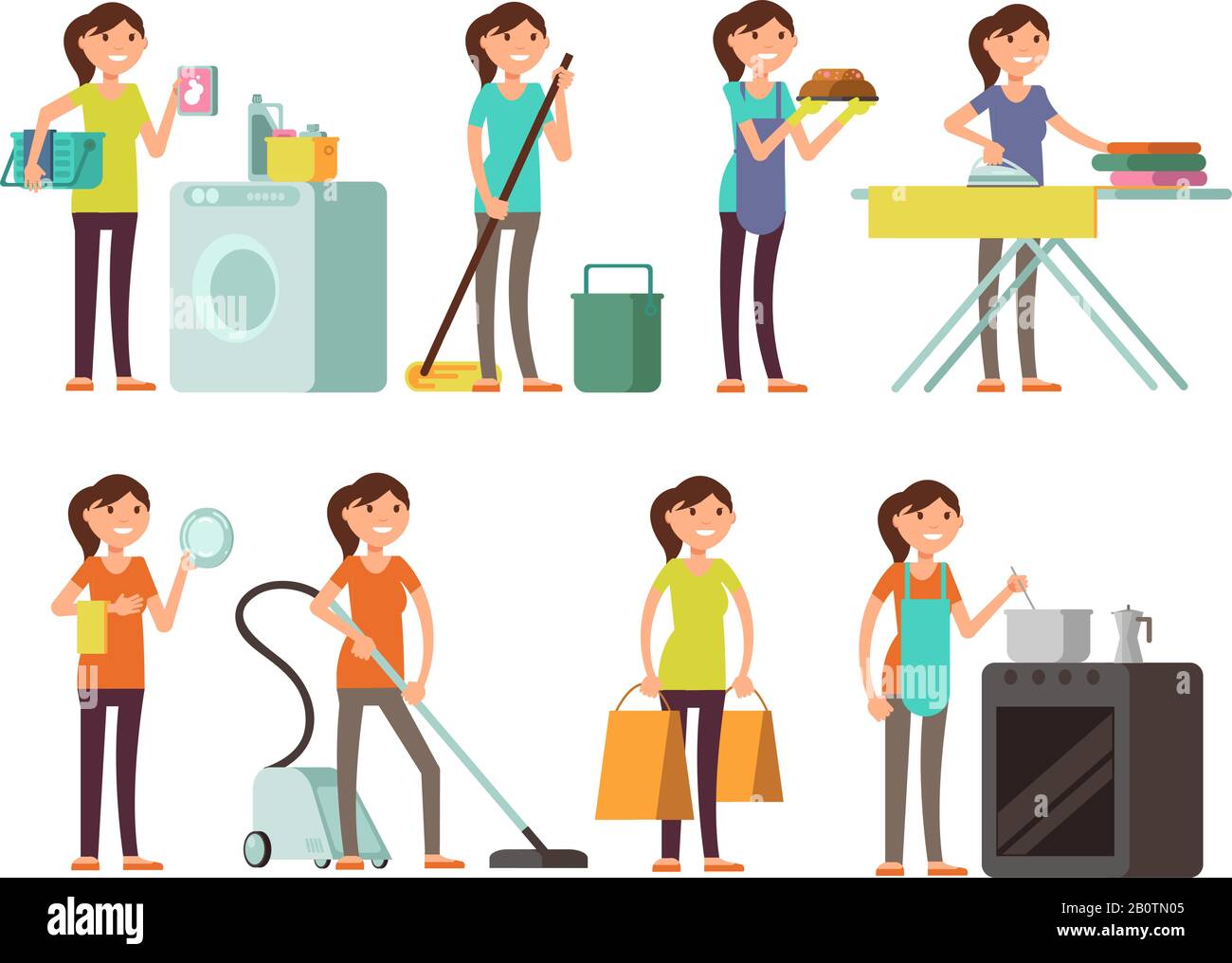 Cartoon housewife in housework activity vector set. Happy woman ...