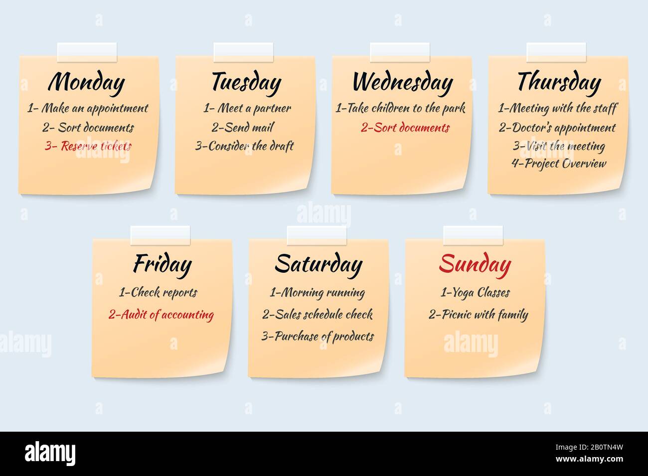 Weekly job plan on sticky notes, ugent work event paper memo vector set ...