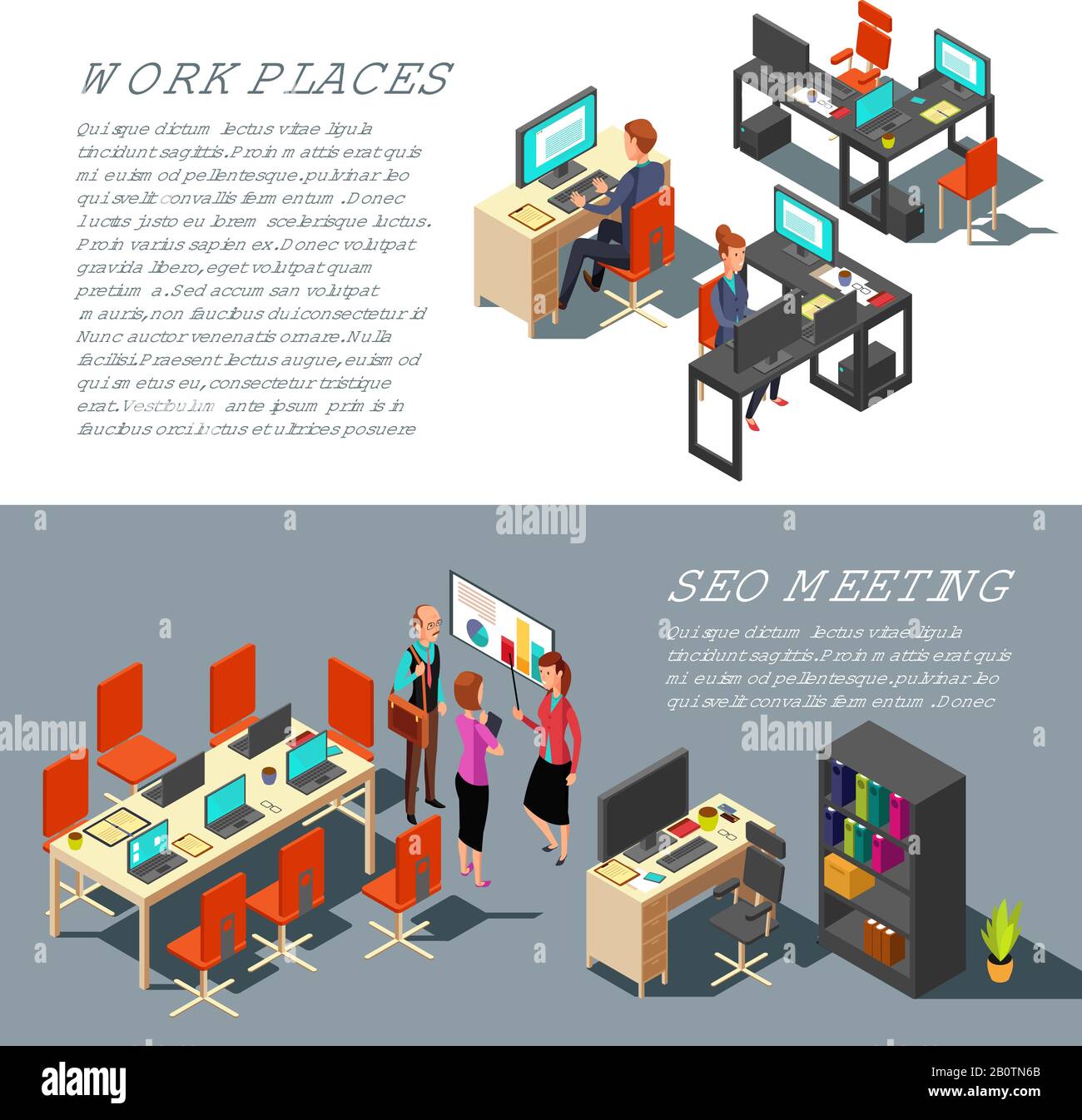 Business banners vector design with isometric workplace modern interior ...