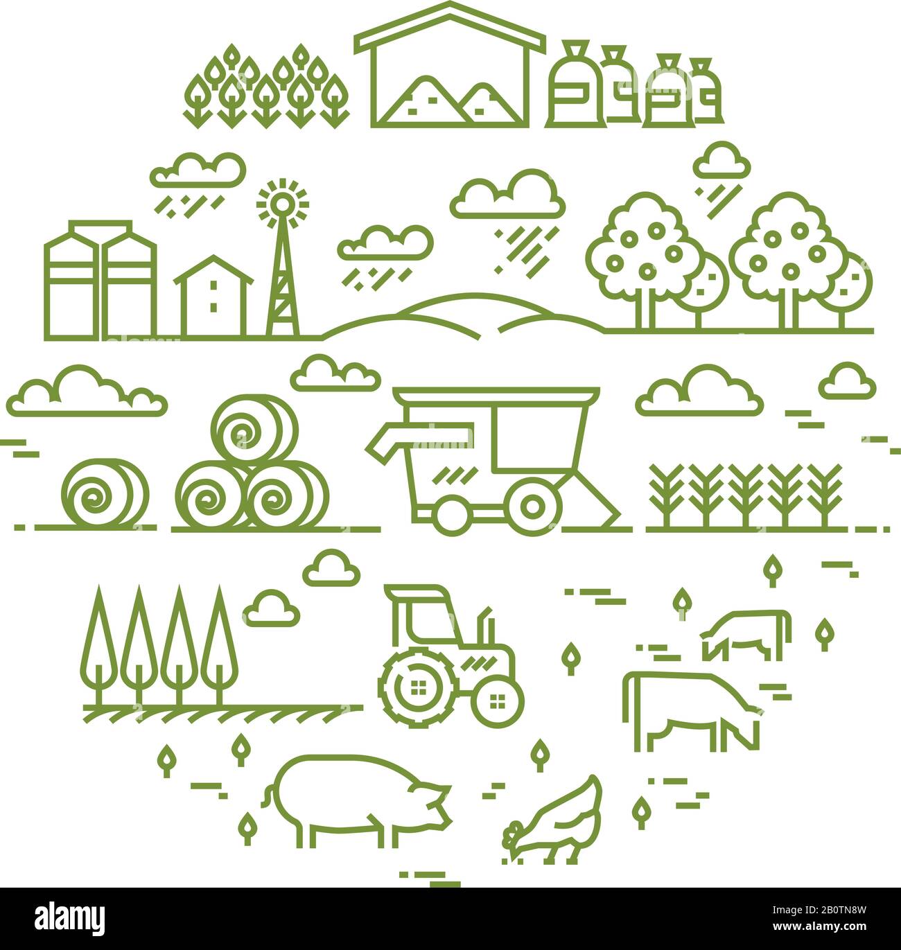 Rural landscape and agriculture farming thin line icons. Farm round ...