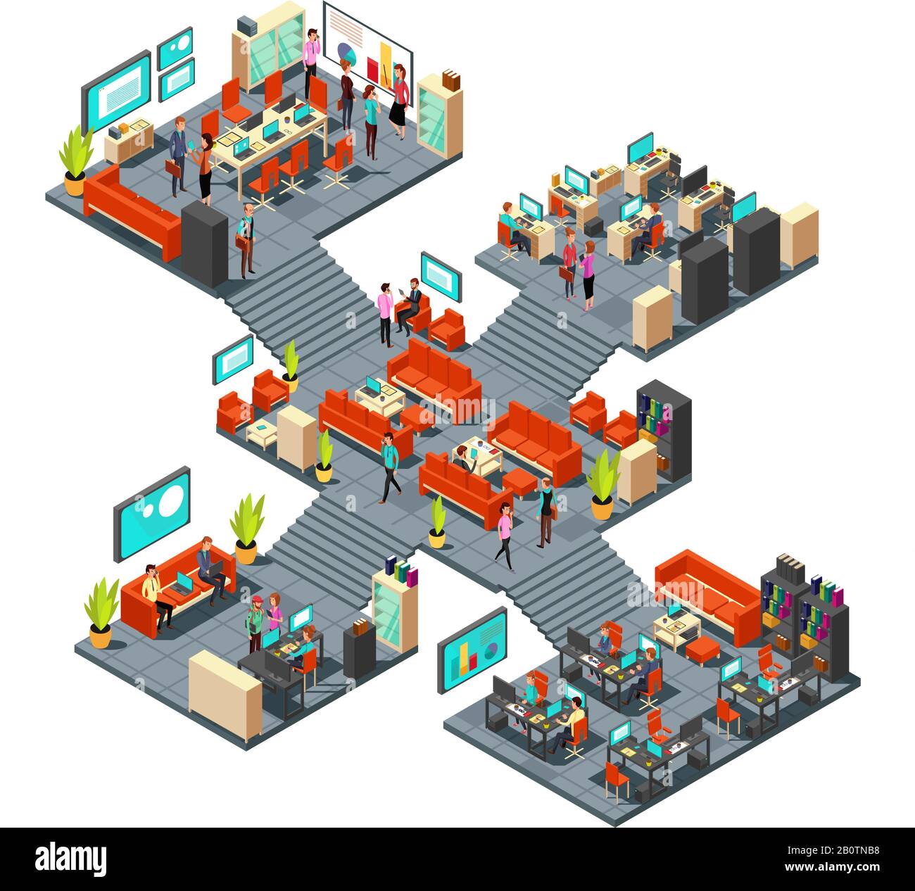 Isometric business offices with staff. 3d businessmen networking in ...