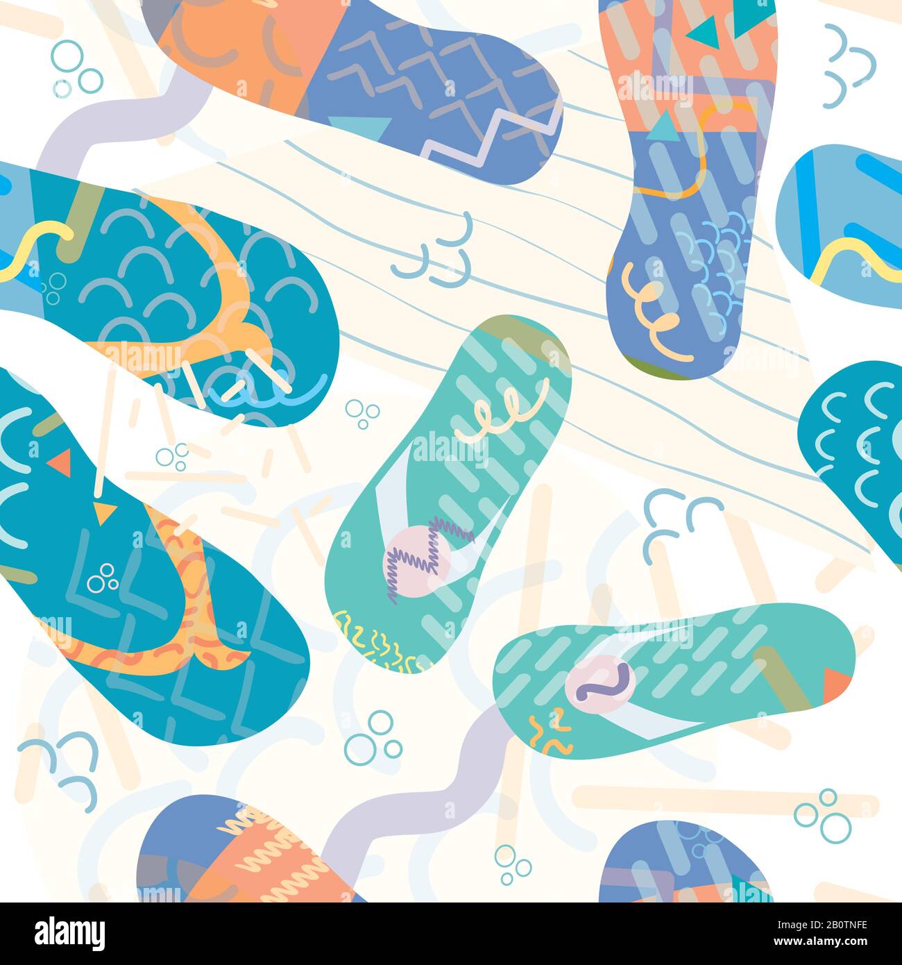 Seamless flip flop shoe vector pattern background. Modern hand drawn Memphis design sandals on ...