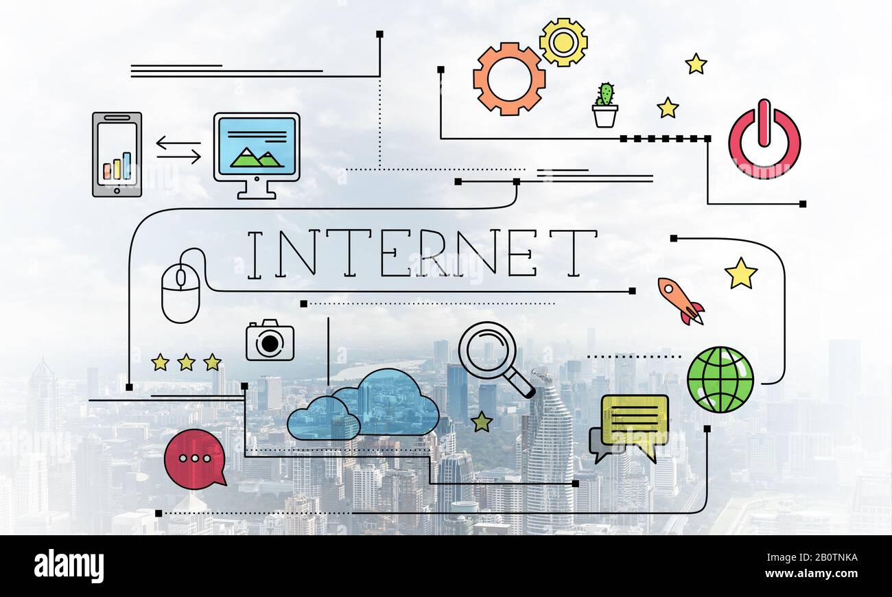 Internet connection sketch with media signs Stock Photo - Alamy