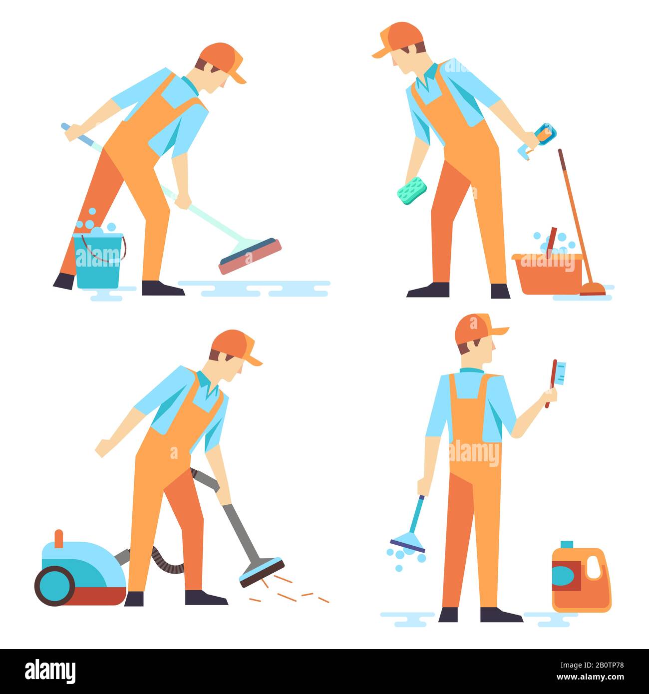 Flat men staff of cleaning service isolated on white. Group of cleaner ...