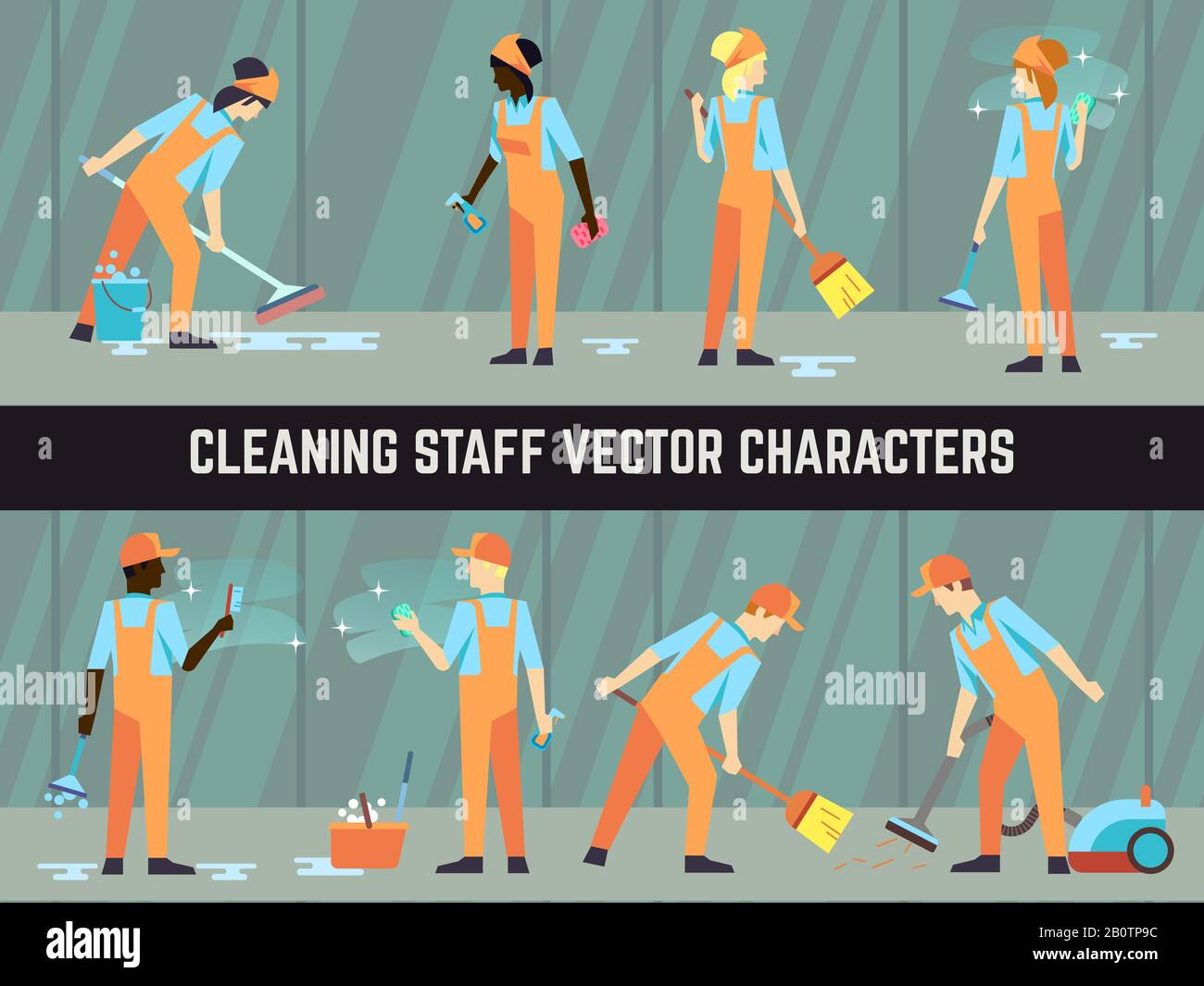 International cleaning staff - cleaning women and men vector characters ...
