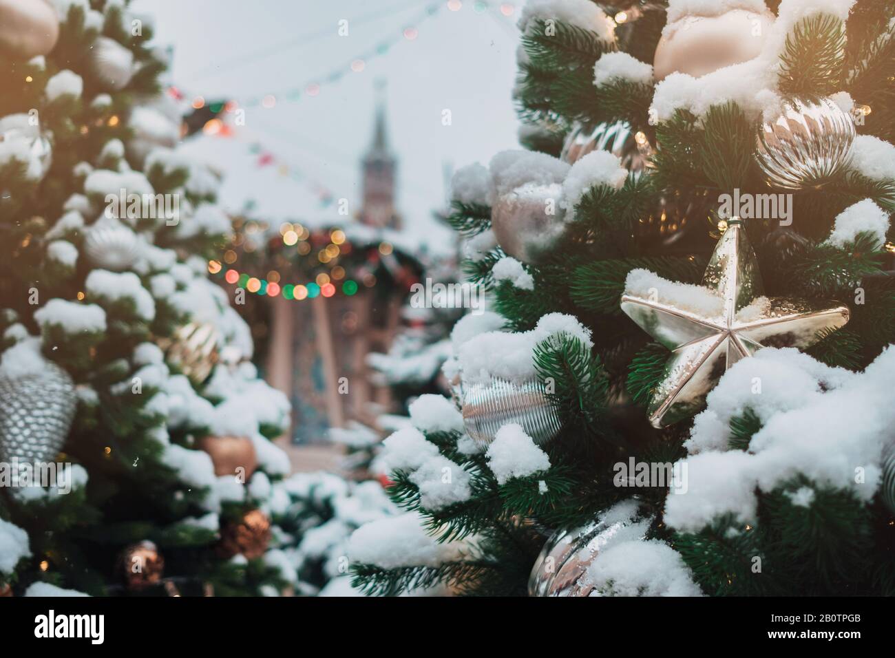 Christmas decorations on Christmas trees, streets of winter Moscow ...